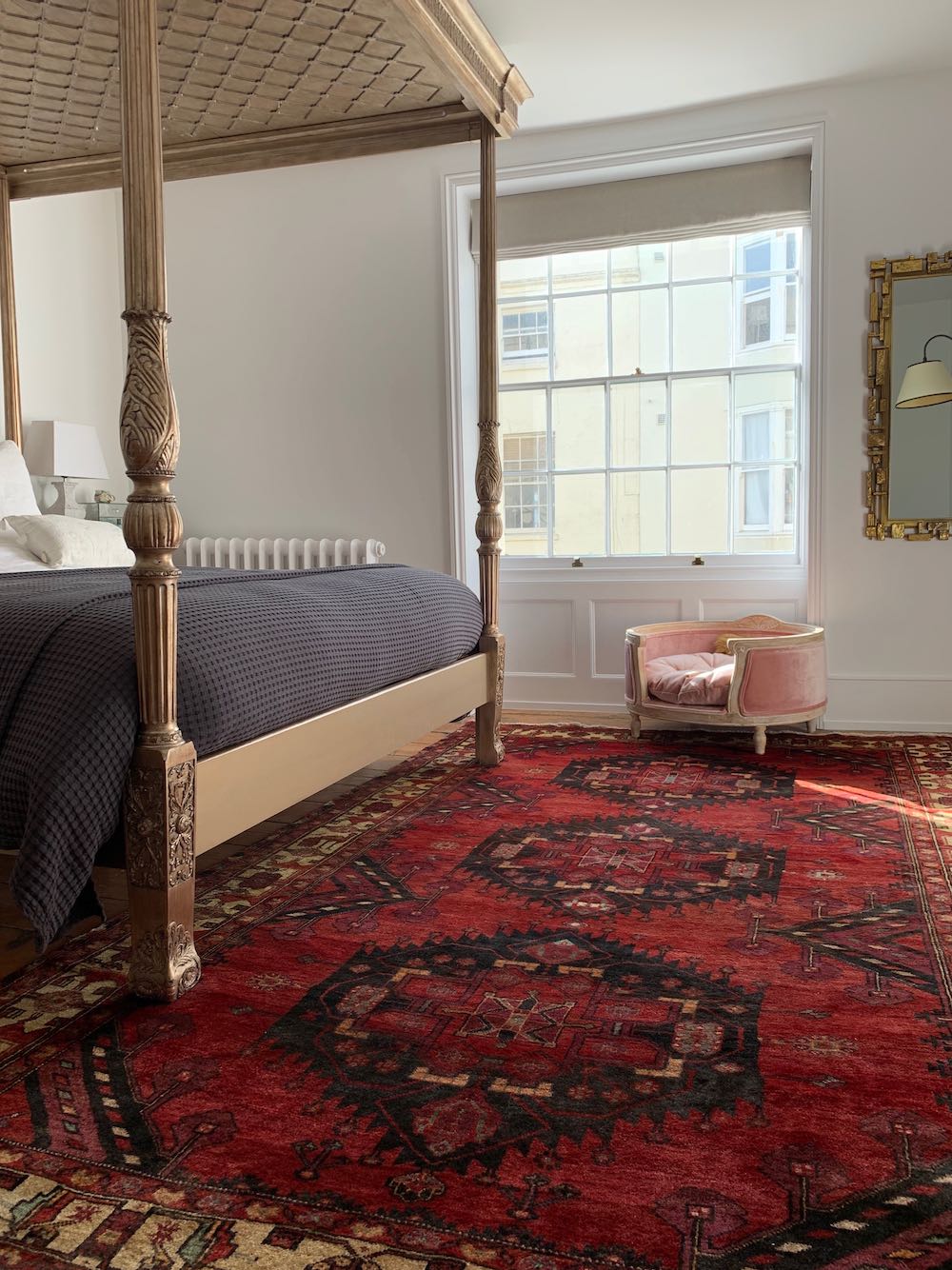 Gold Antique Four Poster Bed & Old Persian Kurdi Gouchan Carpet