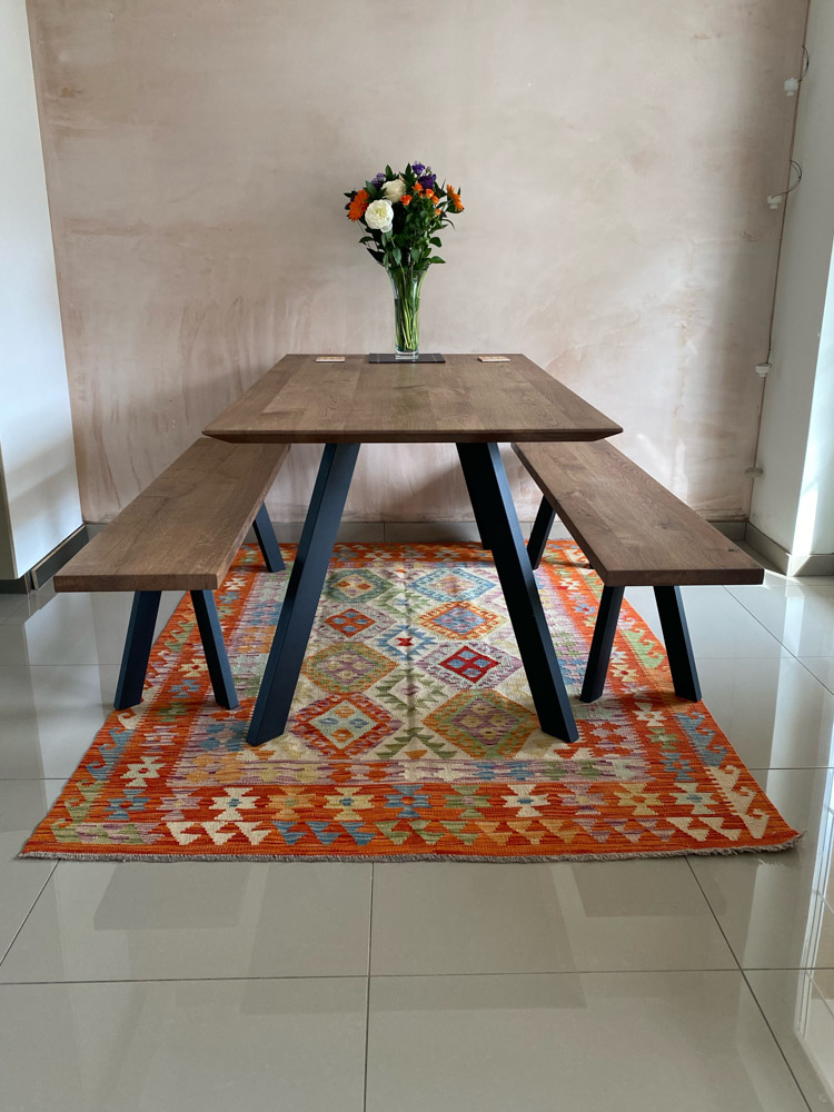 Colourful Afghan Kilim With Kitchen Table - Uncluttered Interior Design