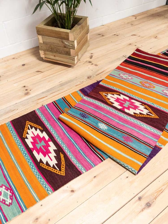 Long Acipayam Turkish Vintage Runner Rug With Green & Pink Stripes