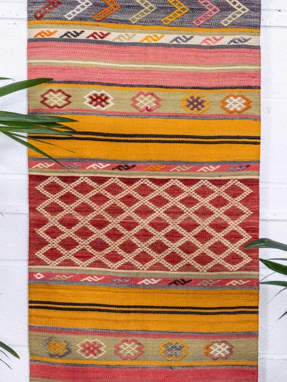 Long Acipayam Turkish Vintage Runner Rug With Green & Pink Stripes