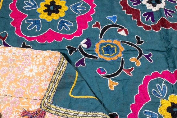 Central Asian Uzbek Suzani Embroidery With Metal Discs & Fine Embroidery