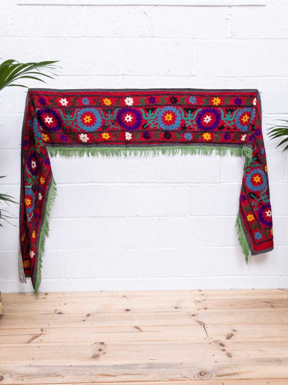 Long Red Vintage Uzbek Suzani Pelmet 60x464cm With Fine Embroidery