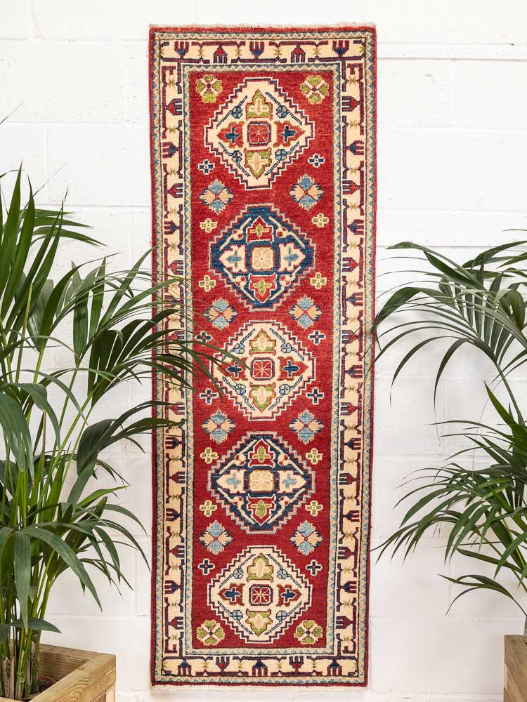 Red Afghan Yakash Kazak Pile Runner Rug 62x182cm Handknotted In Wool