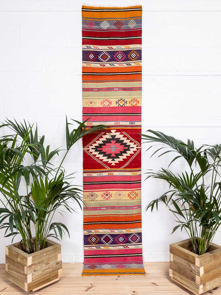 Narrow Turkish Acipayam Kilim Runner Rug With Bright Pink & Orange Stripes