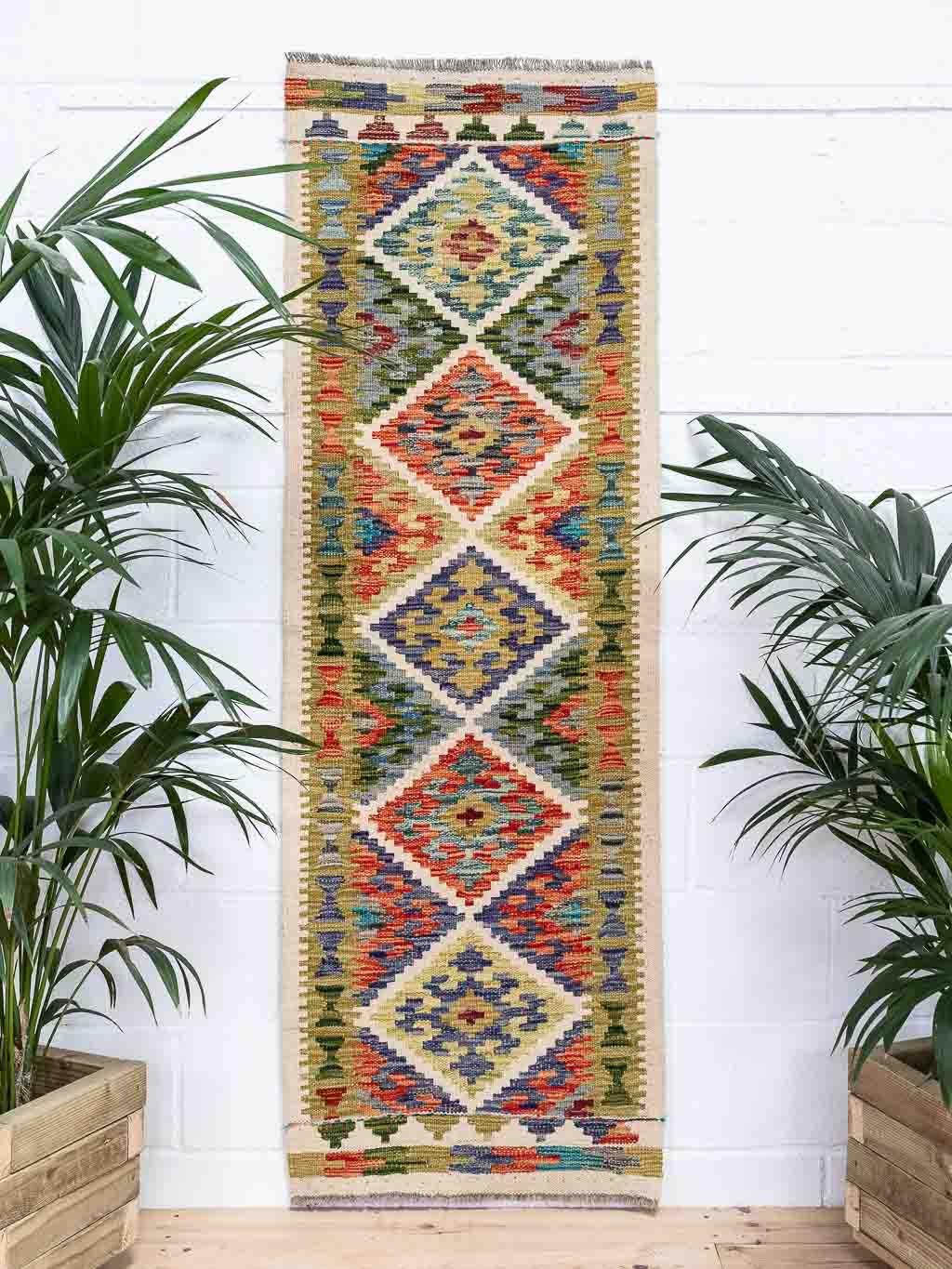 Afghan Vegetable Dyed Kilim Runner Rug 65x192cm With Greens For Sale